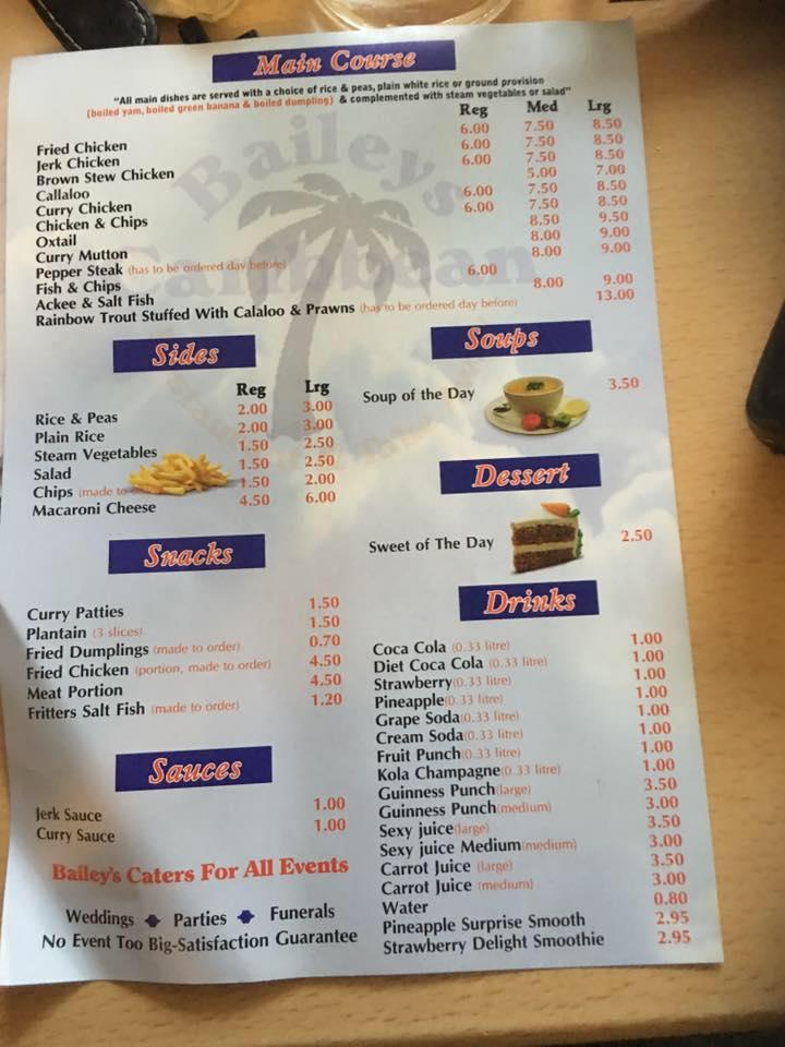 Menu at Bailey's Caribbean fast food, Birmingham
