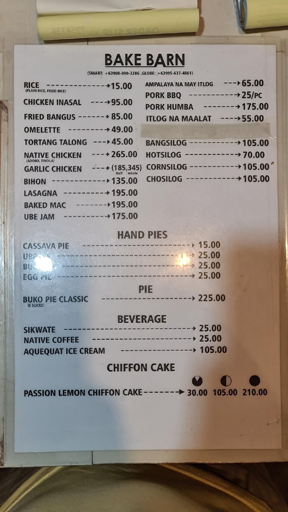 Menu at Bake Barn, Polomolok