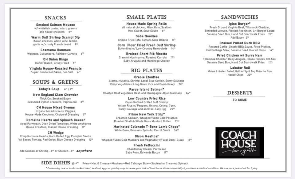 Menu at Coach House Bar & Grill, Norfolk