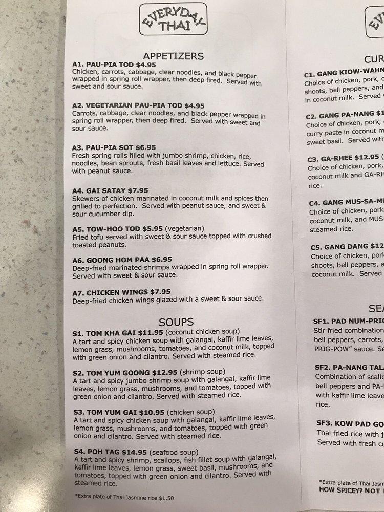Menu at Everyday Thai restaurant, Springfield