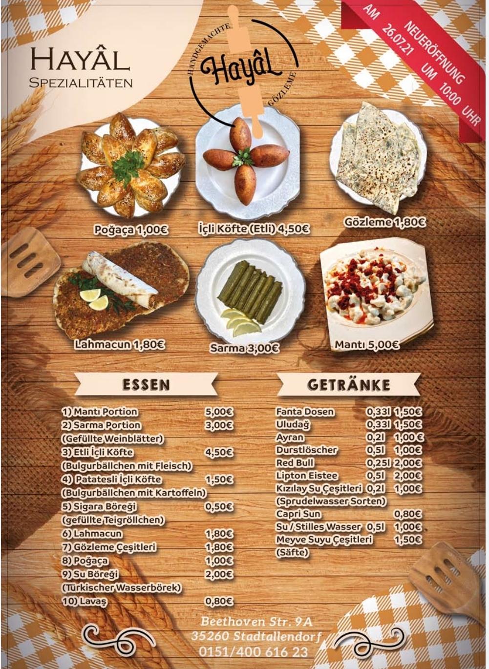 Speisekarte von Hayal Spezialitäten restaurant, Stadtallendorf
