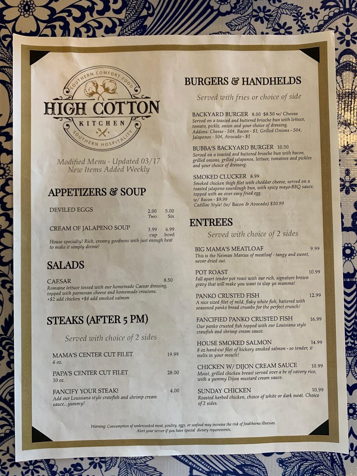 Menu at High Cotton Kitchen restaurant, Paris