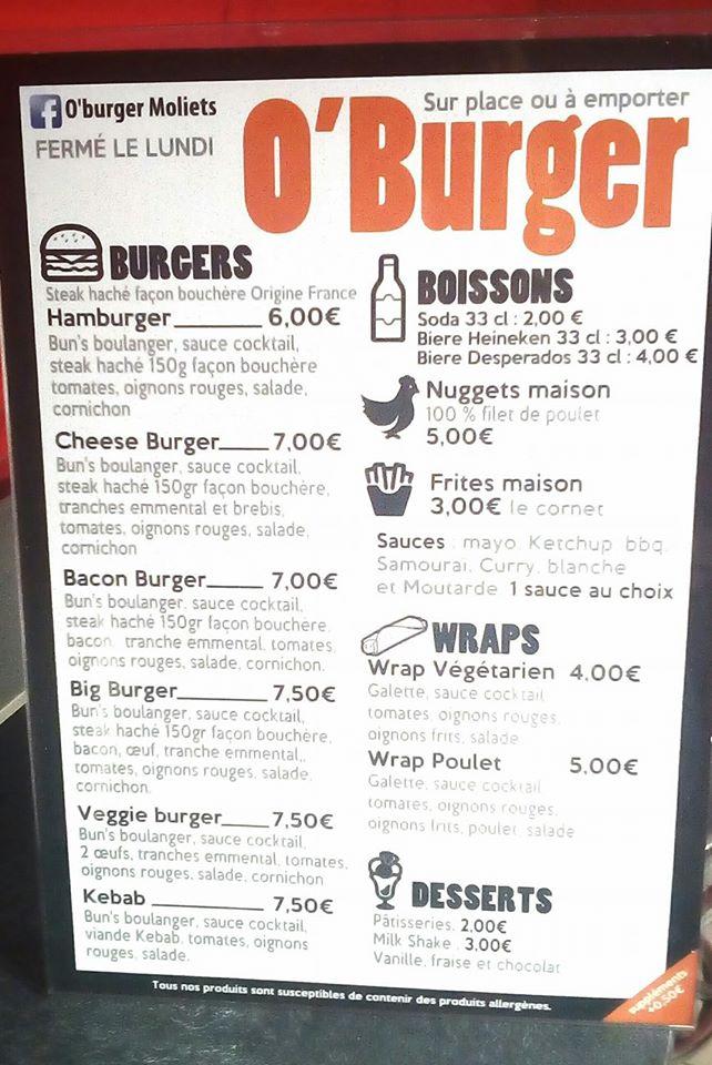 Menu at o'burger restaurant, Moliets-et-Maa
