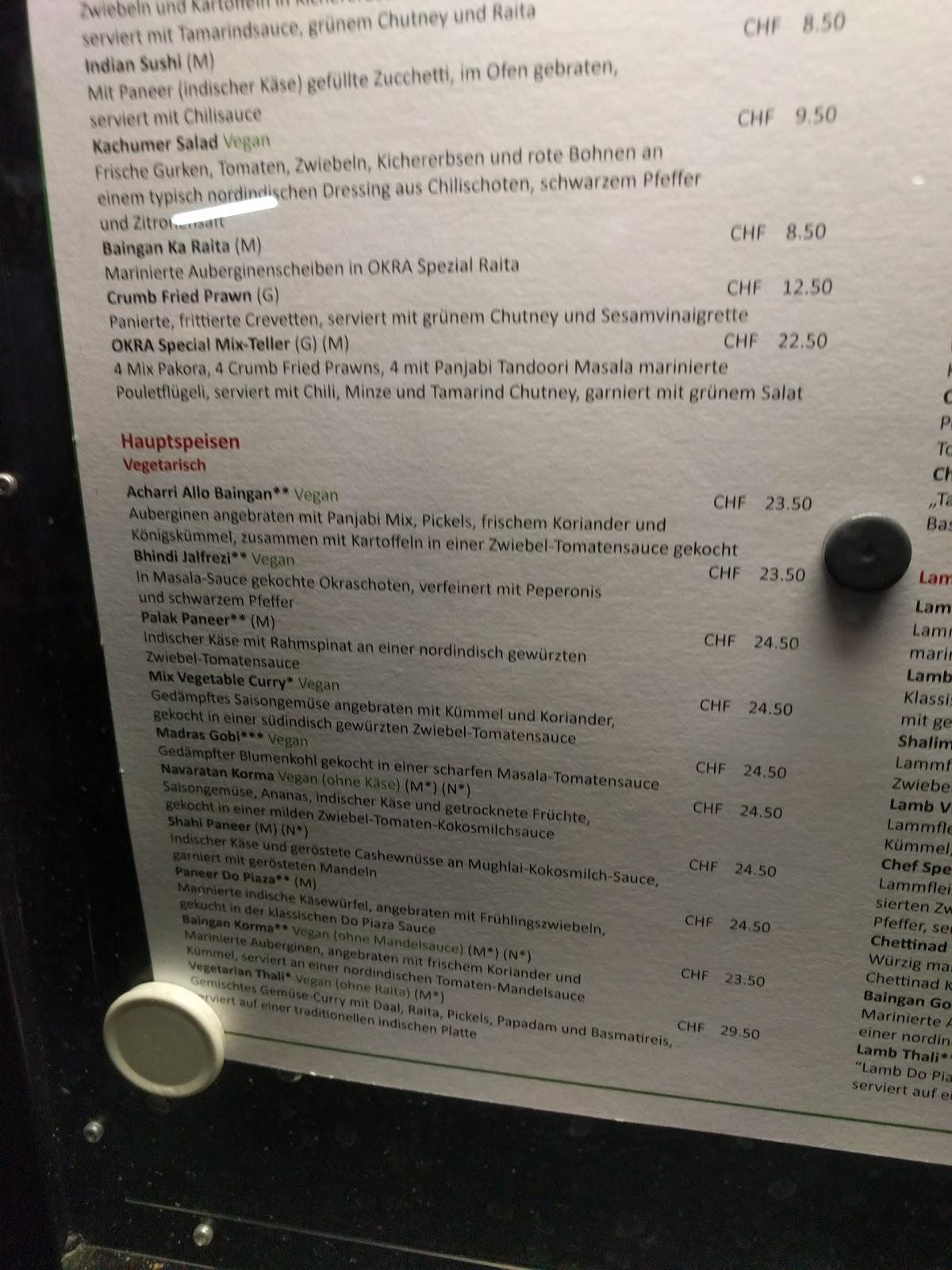 Menu at Okra, Bern