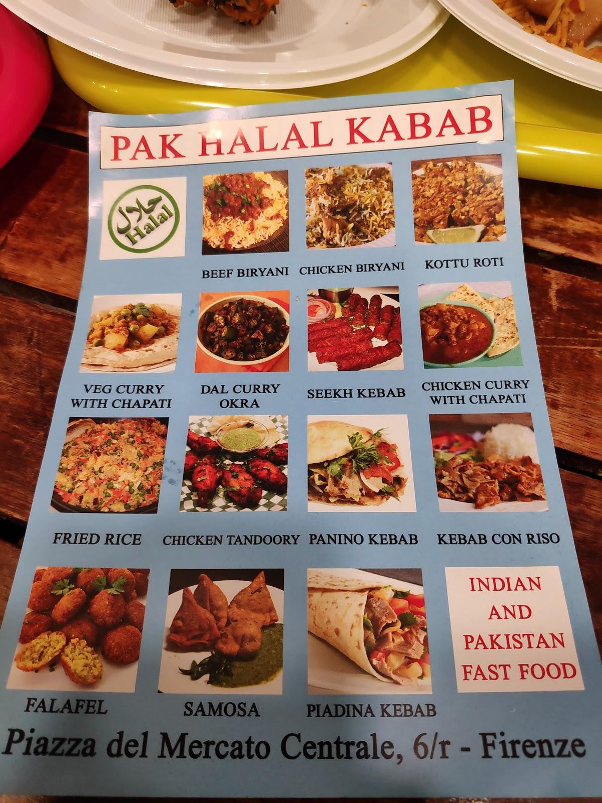 Menu at Pak Halal Kebab restaurant, Florence