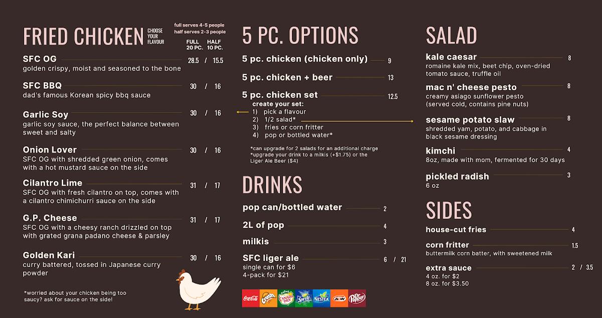 Menu at SFC Seoul Fried Chicken restaurant, Edmonton, b 104 St NW