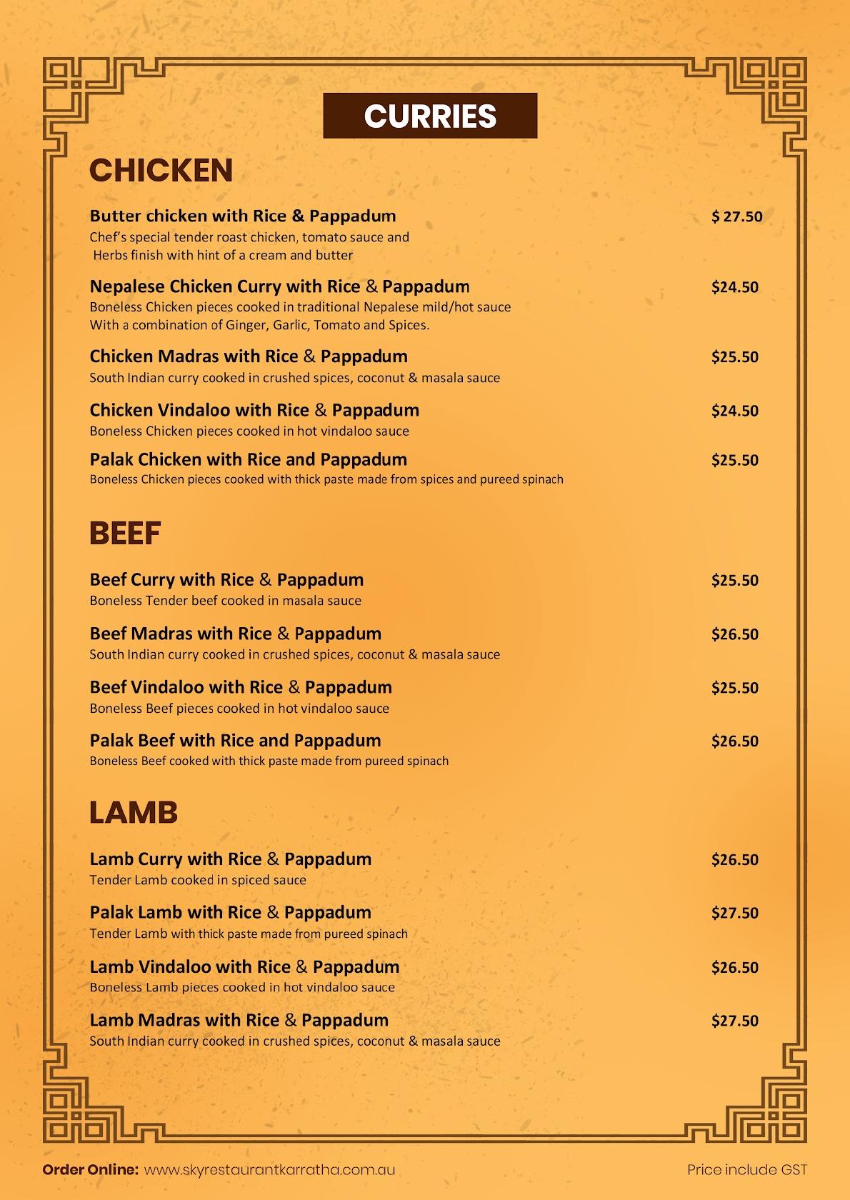 Menu at SKY Restaurant Karratha, Pegs Creek