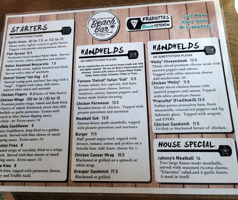 Menu at Saltwater Hippie pub & bar, Madeira Beach