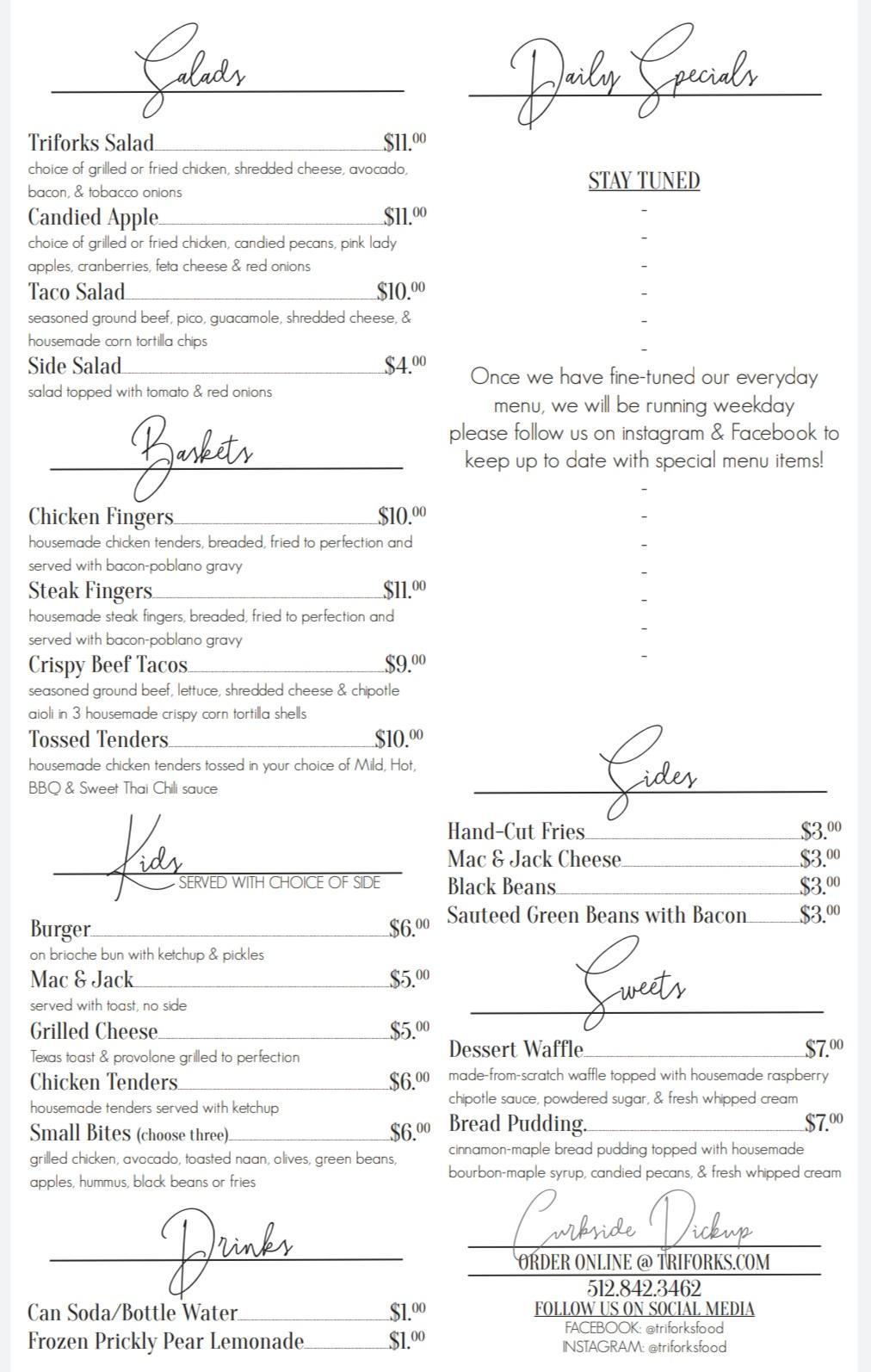 Menu at Savage's Hill Country Bar, Wimberley