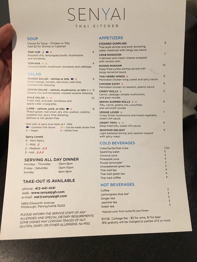 Menu at Senyai Thai Kitchen restaurant, Pittsburgh