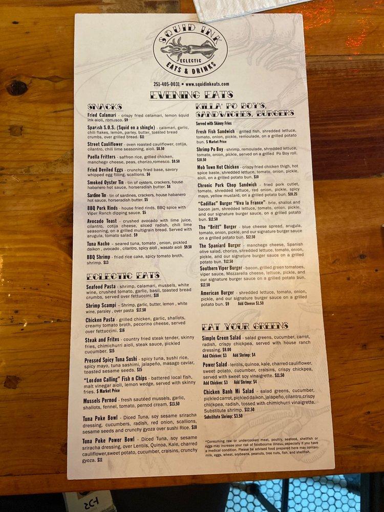Menu at Squid Ink Eclectic Eats and Drinks cafe, Mobile