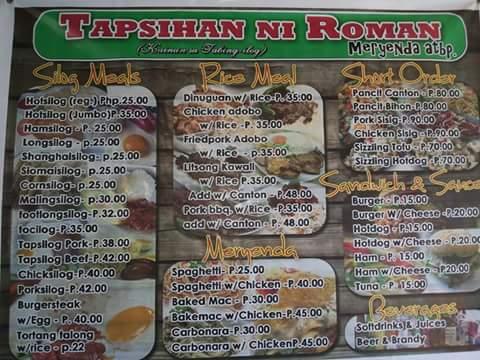 Menu at Tapsihan ni Roman restaurant, Siniloan