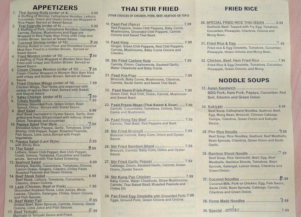 Menu at Thai Issan restaurant, Taylorsville