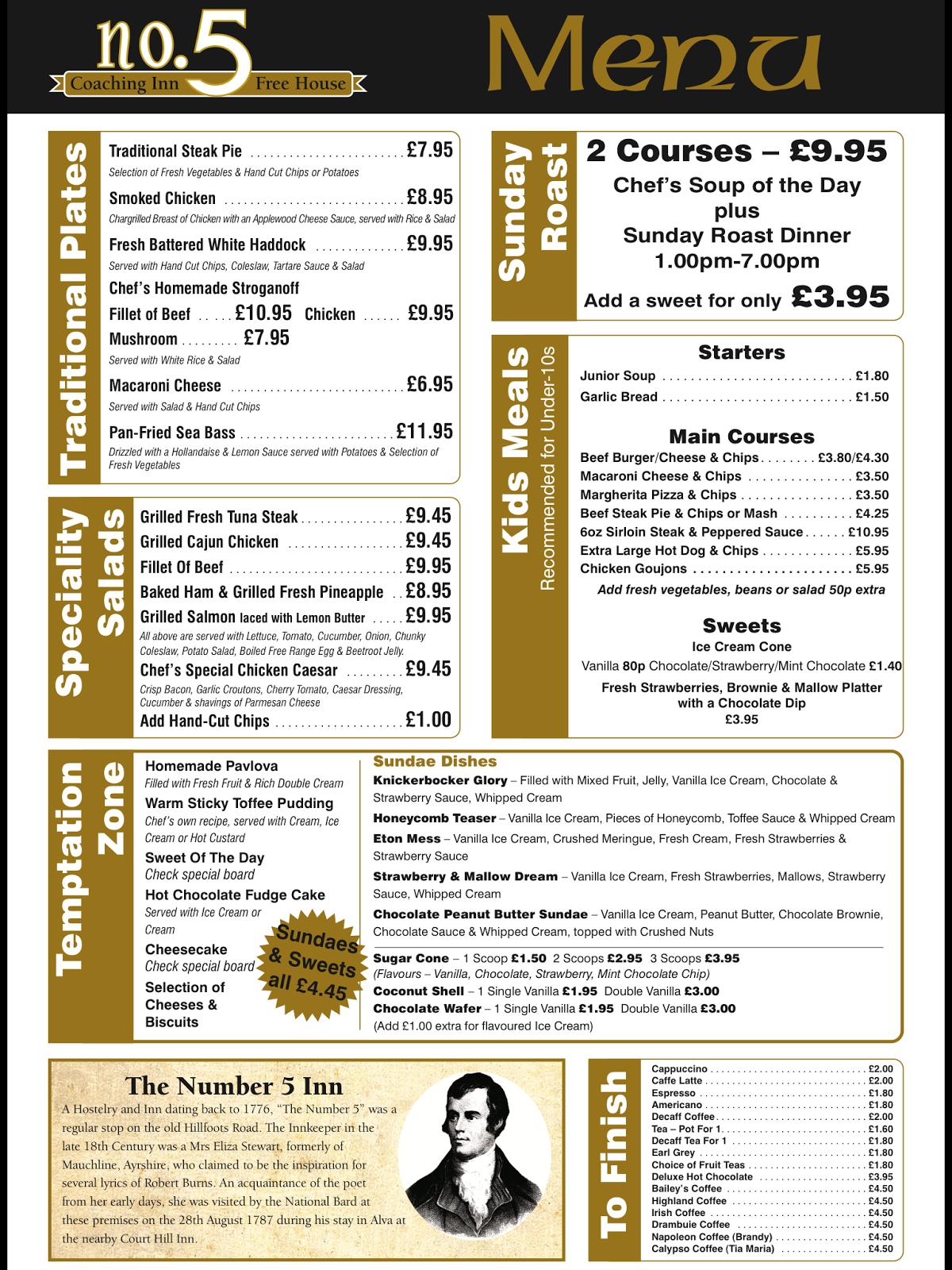 Menu at The No 5 Inn pub & bar, Alva