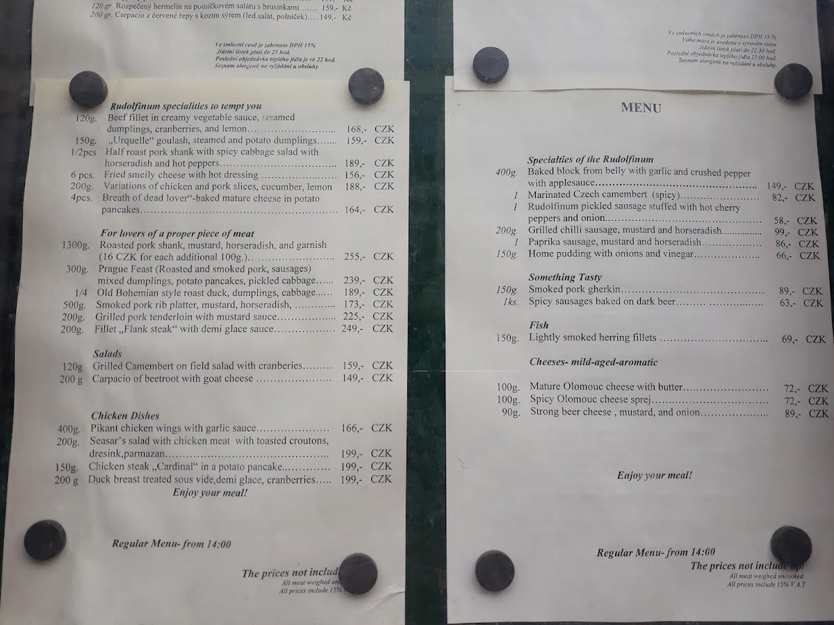 Menu at U Rudolfina restaurant, Prague