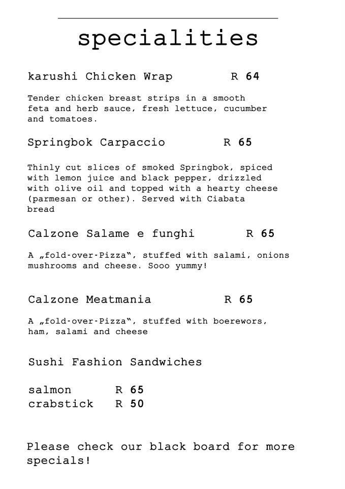 Menu at Karushi restaurant, Beaufort West