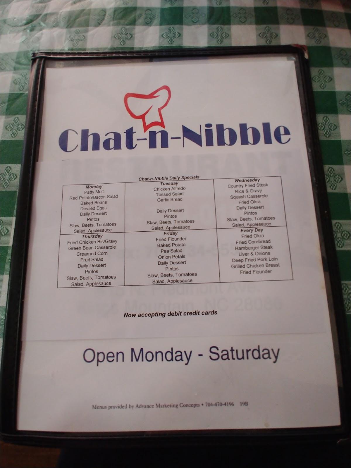Menu at Chat-n-Nibble restaurant, Kings Mountain, 415 N Piedmont Ave