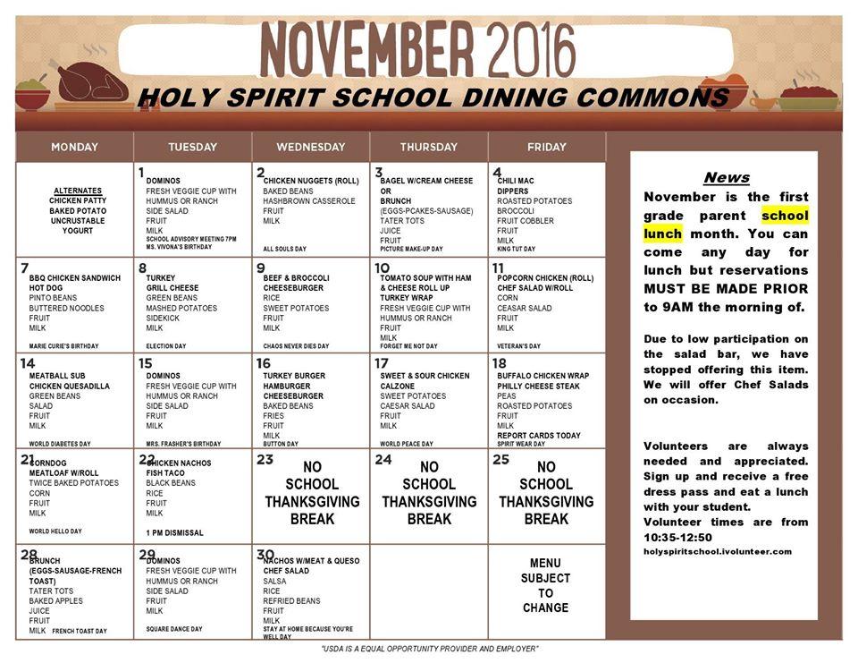 Menu at Holy Spirit Dining Commons cafeteria, Louisville