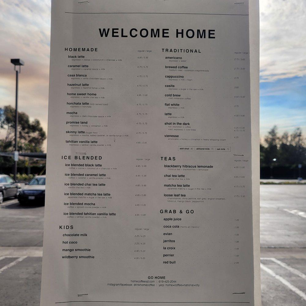 Menu at Home Coffee cafe, National City