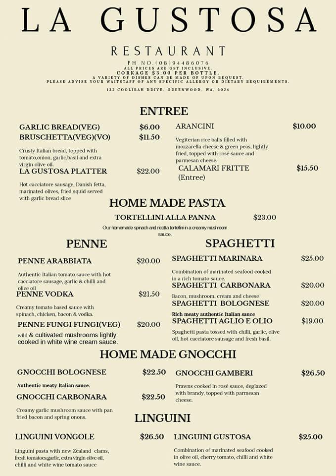 Carta de La Gustosa Restaurant, Greenwood