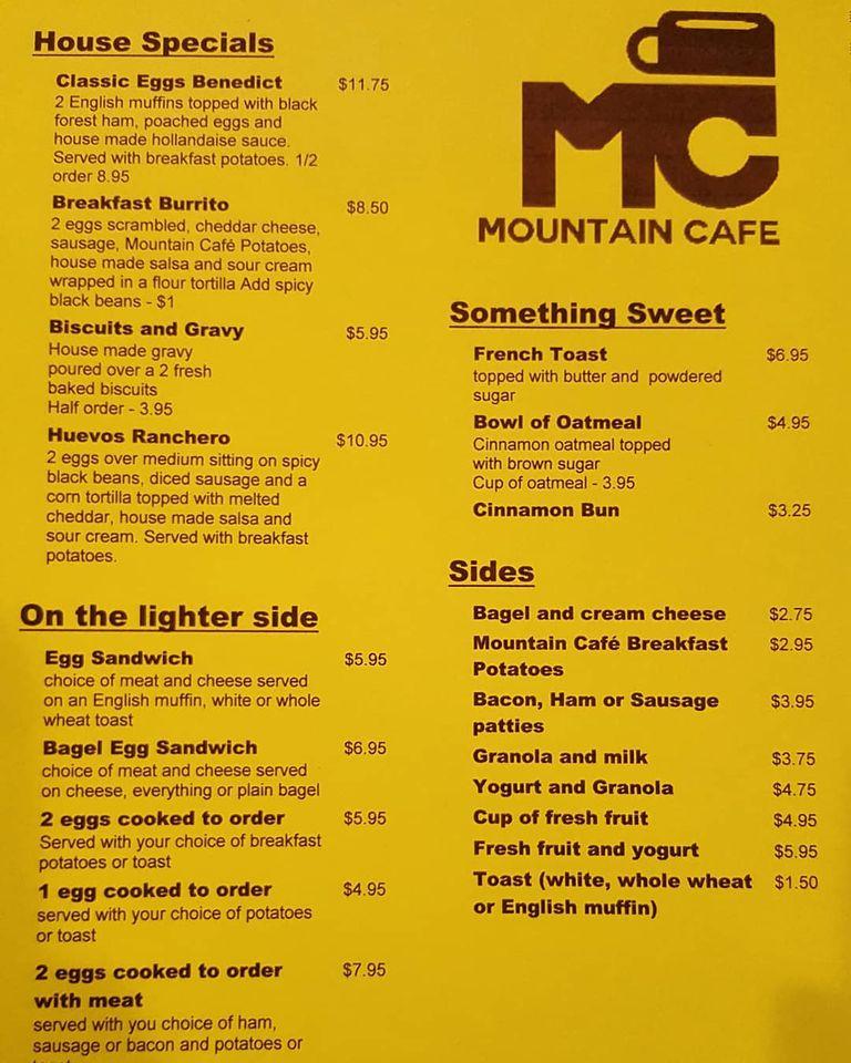 Menu at Mountain Cafe, Kellogg
