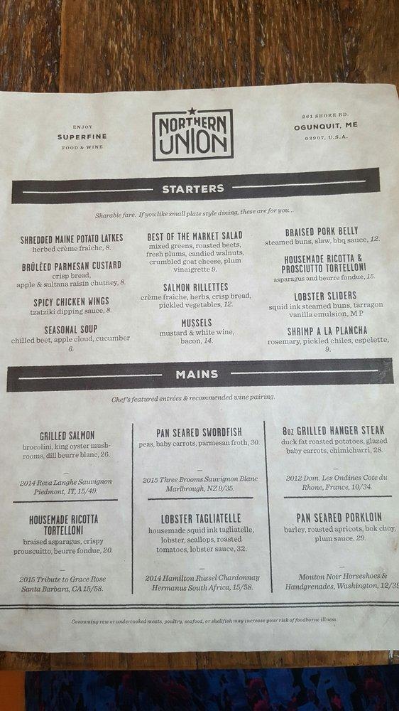 Menu at Northern Union pub & bar, Ogunquit