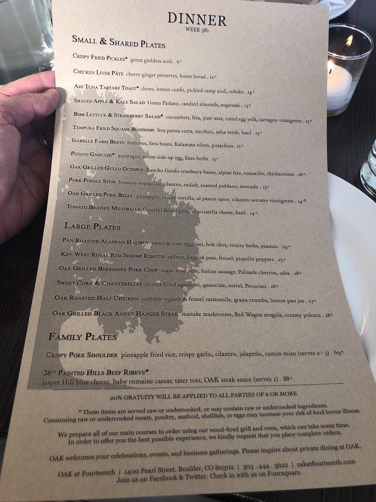 Menu at Oak restaurant, Boulder