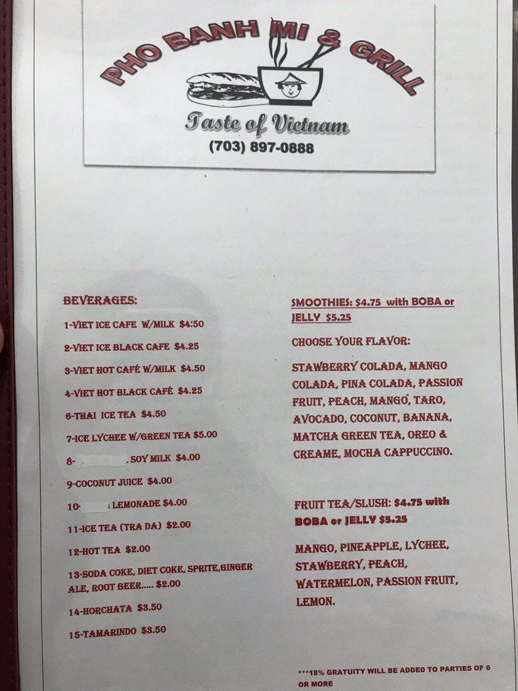 Menu at Pho Banh Mi & Grill pub & bar, Dale City
