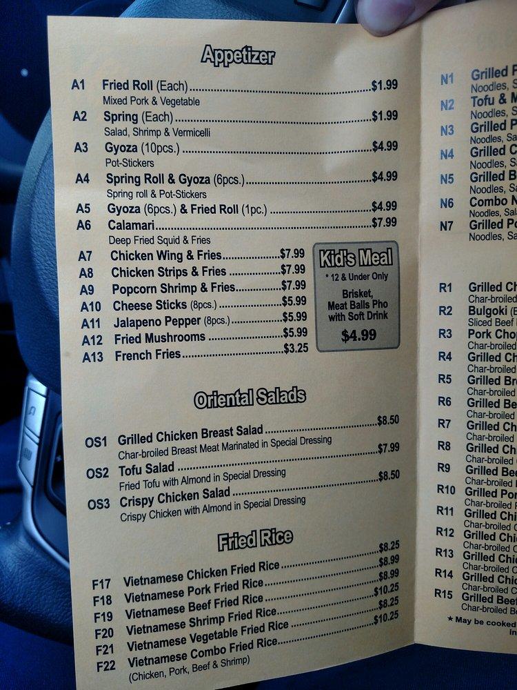 Menu at Pho Ever Vietnamese Cuisine restaurant, Longview
