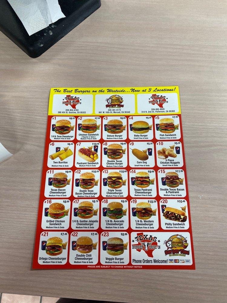 Menu at Texas Burger fast food, Patterson