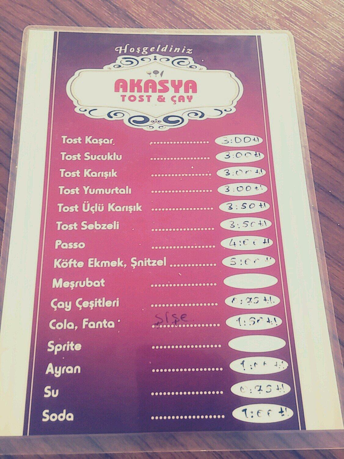 Menu at Akasya Tost ve Çay Evi, Karaman