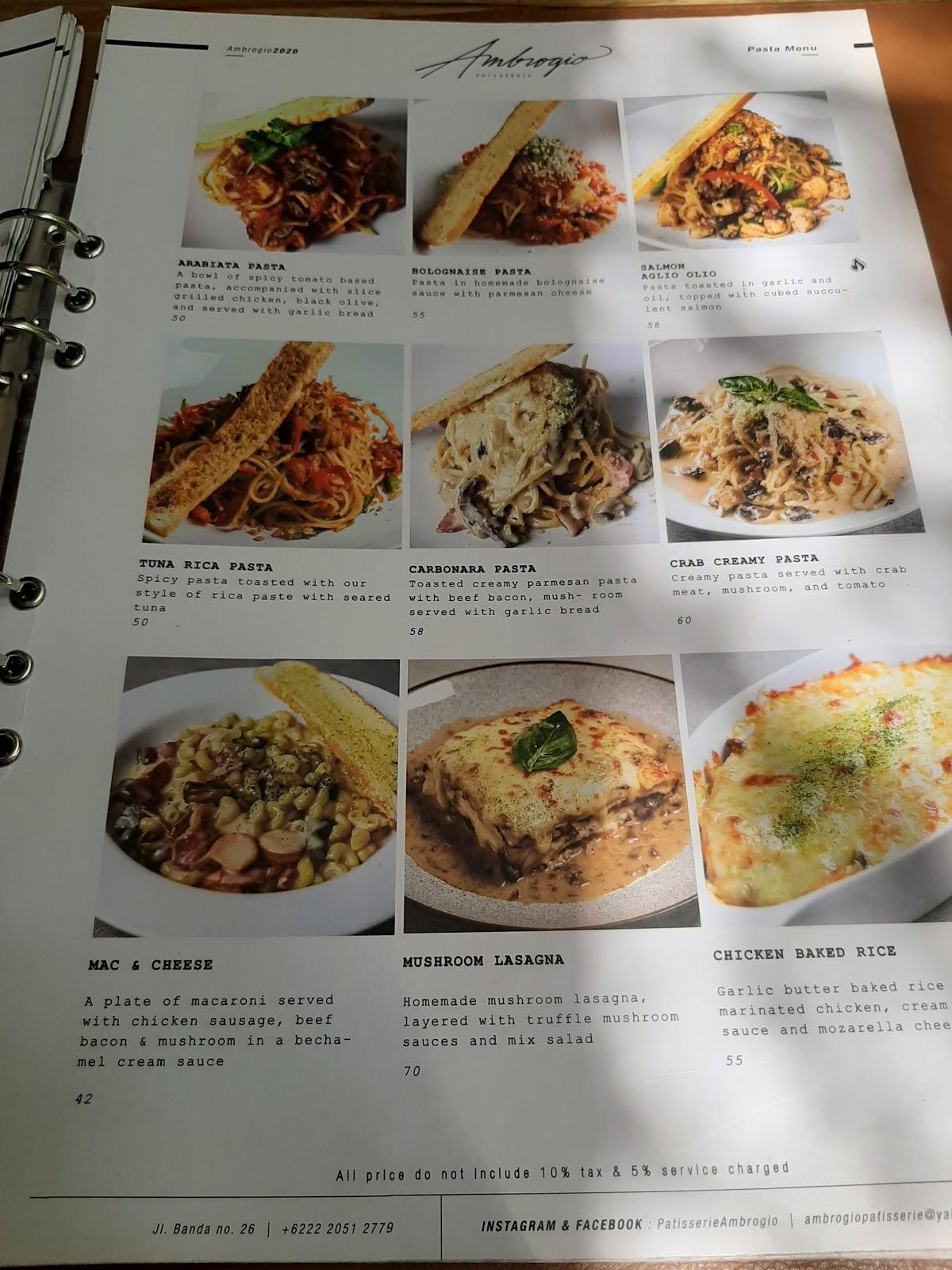 Menu at Ambrogio Patisserie cafe, Bandung