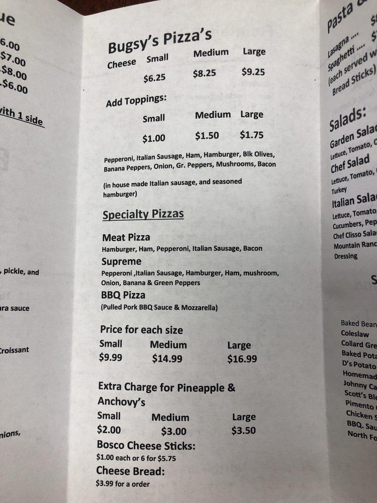 Menu at Bugsys pizzeria, Weber City