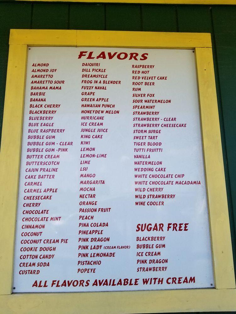 Menu at Incredible Edibles Sno-Balls desserts, Moss Bluff
