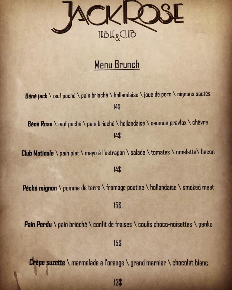 Menu at JackRose restaurant, Montreal