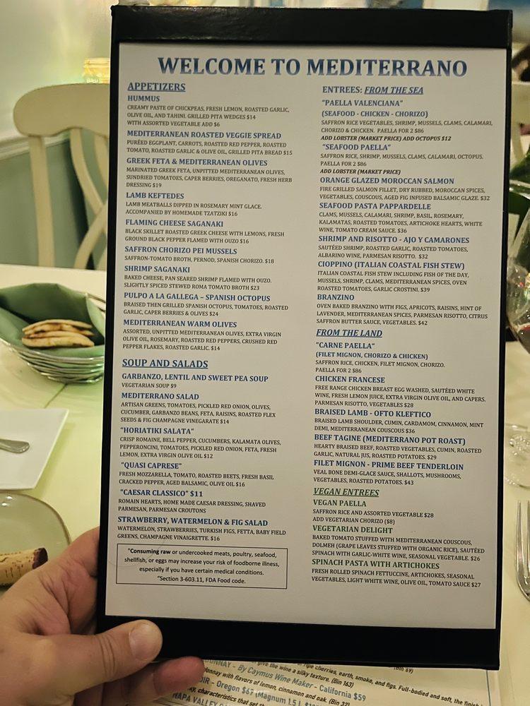 Menu at Mediterrano restaurant, Naples