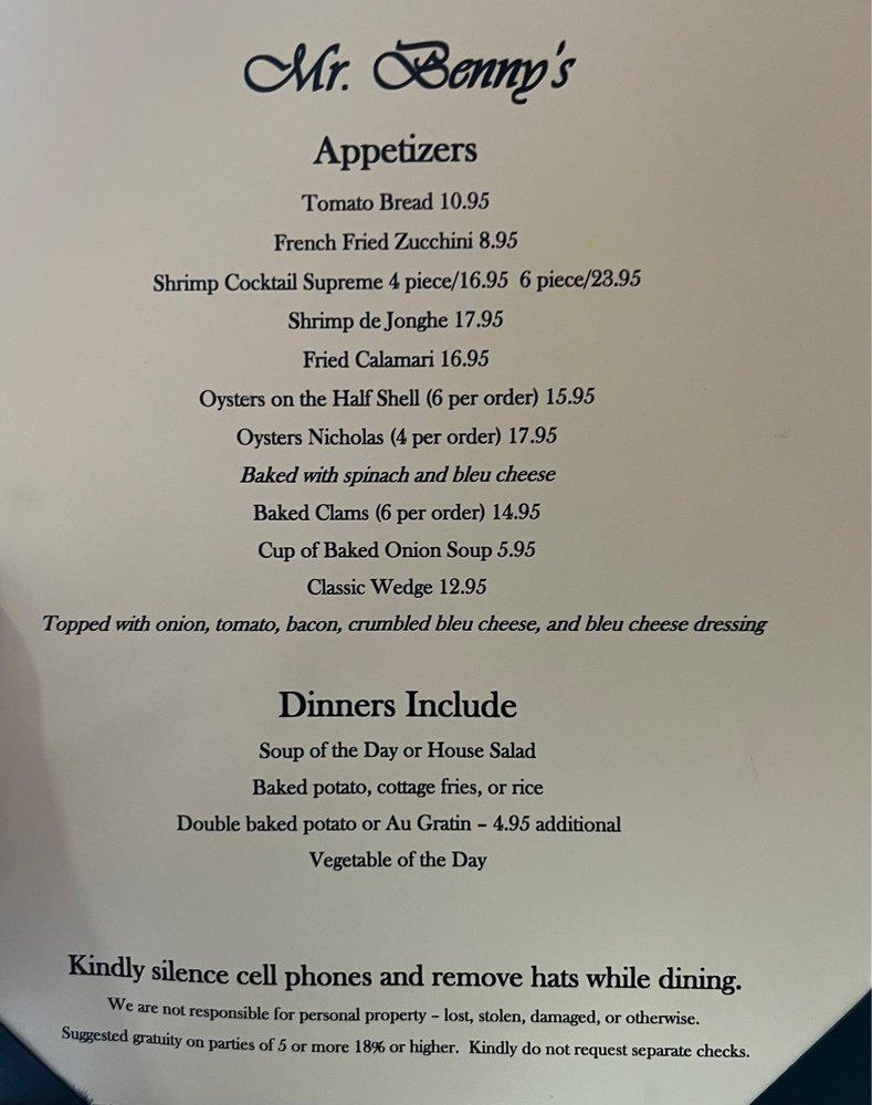 Menu at Mr Benny's Steak & Lobster steakhouse, Mokena
