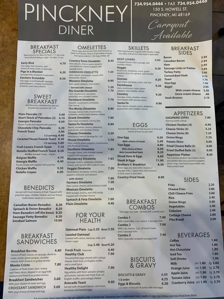 Menu at Pinckney Diner restaurant, Pinckney, 150 S Howell St