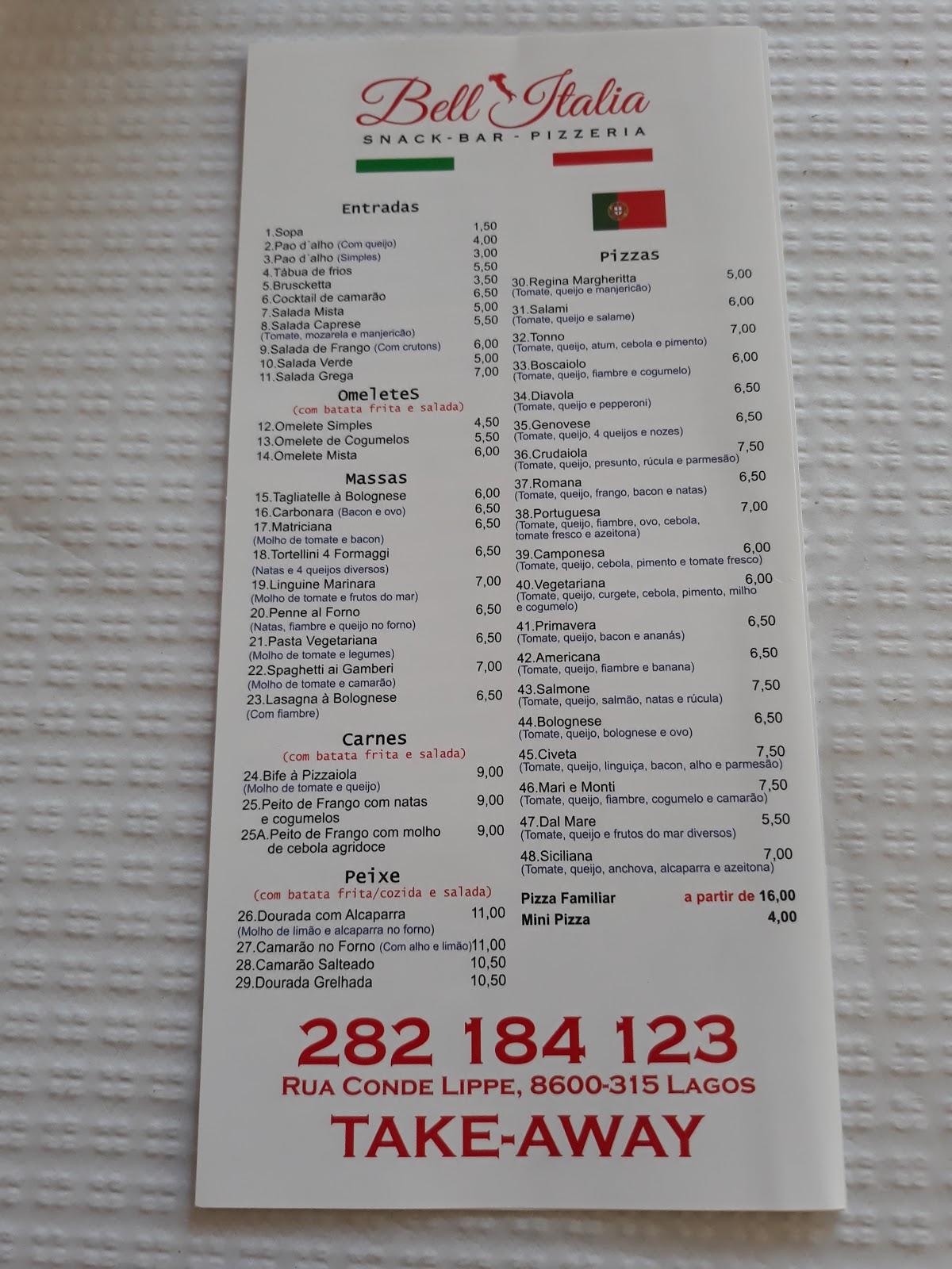 Menu at Pizzeria Bell'Itália, Lagos
