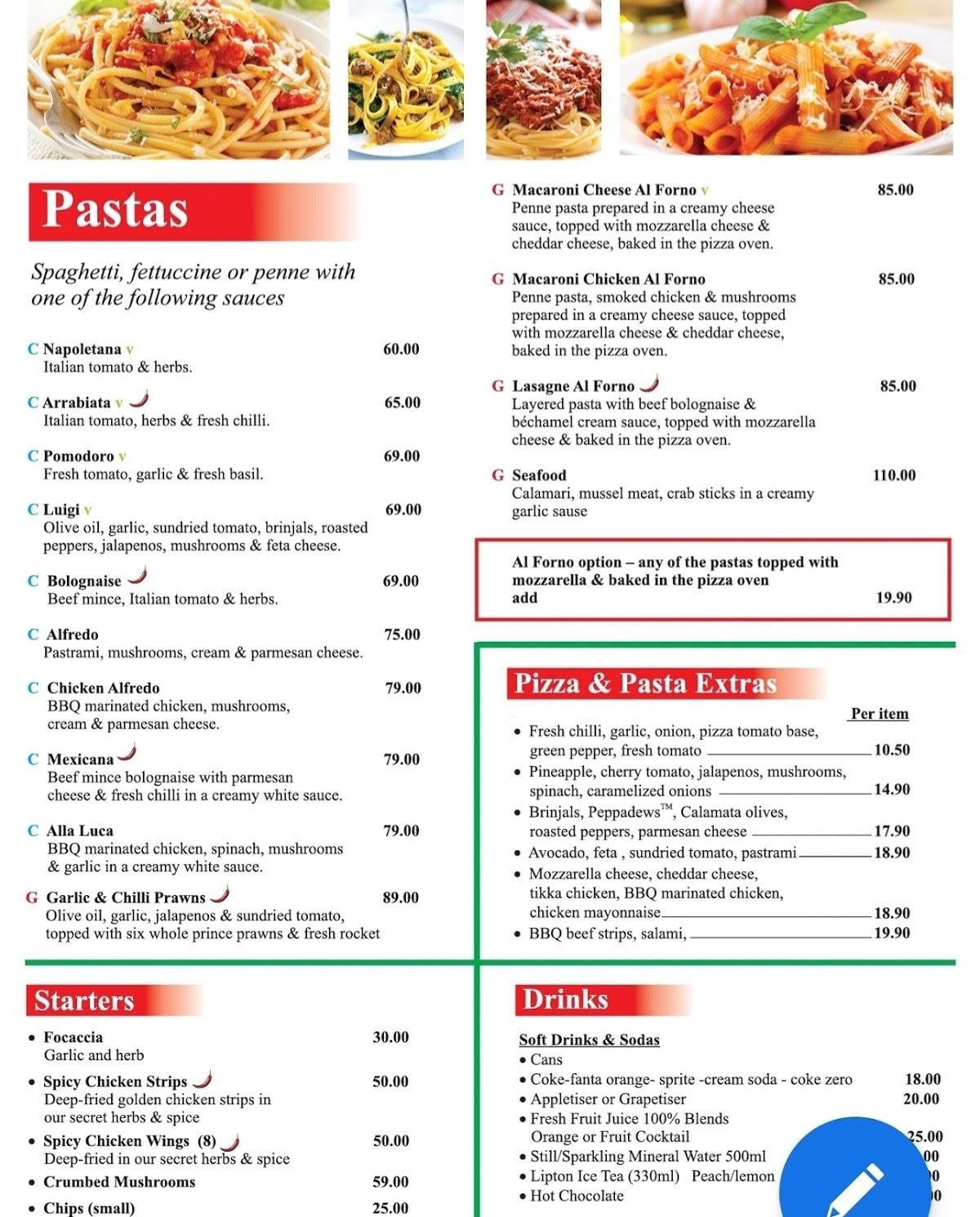 Menu at Pomodoro pizzeria, Durban