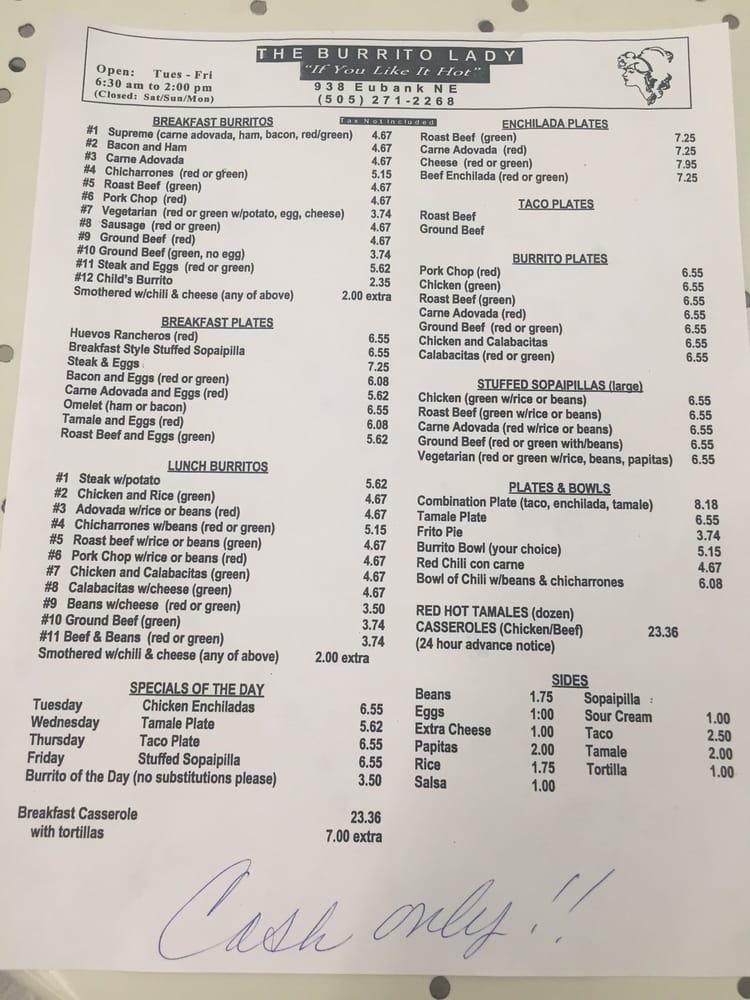 Menu at The Burrito Lady restaurant, Albuquerque
