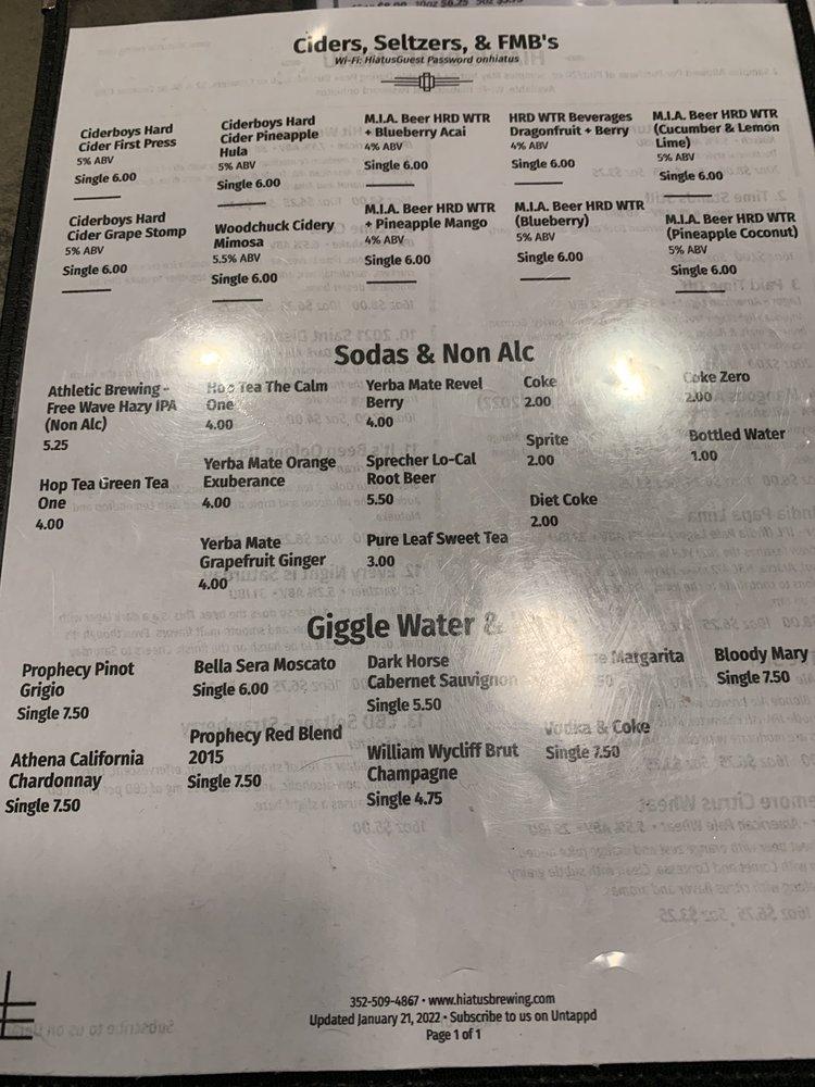 Menu at Hiatus Brewing Company pub & bar, Ocala