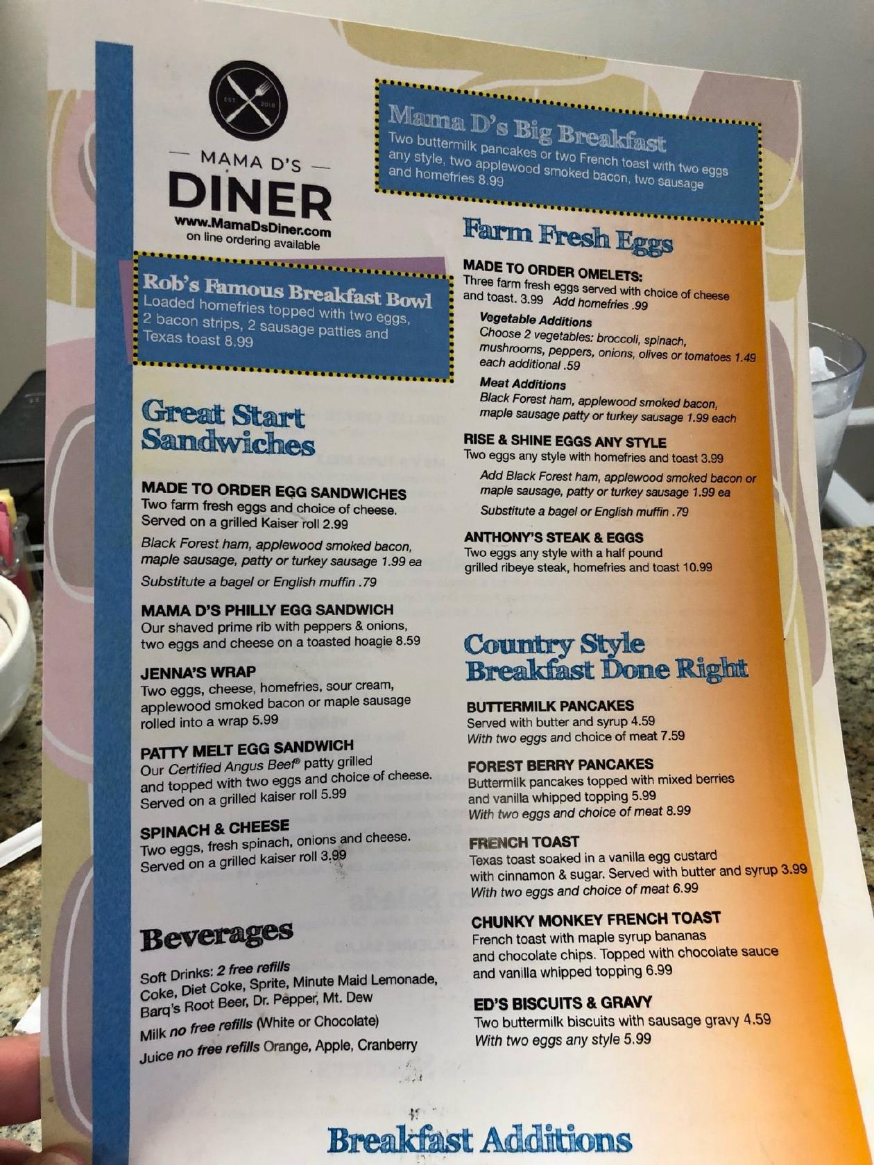 Menu at Mama D's Diner restaurant, Lyndhurst