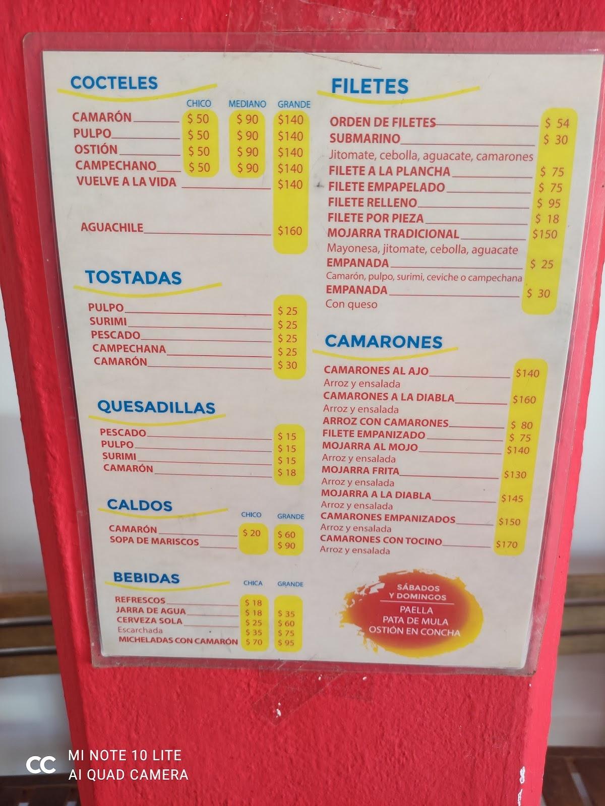 Carta del restaurante Mariscos Perla, Lerma del Villada