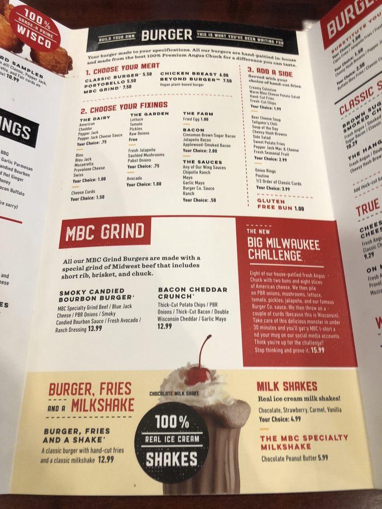 Menu at Milwaukee Burger Company restaurant, Hudson