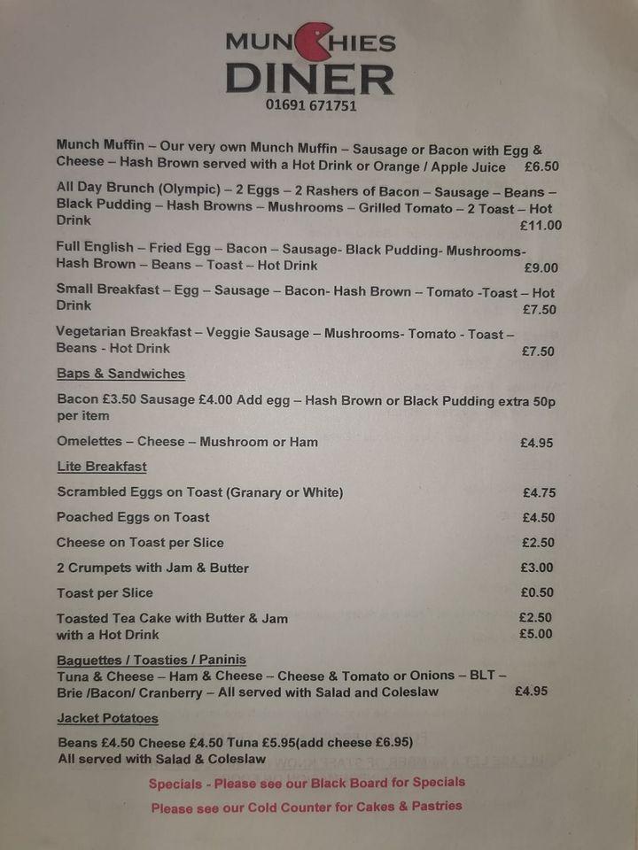 Menu at Munchies Diner cafe, Oswestry, Unit 3