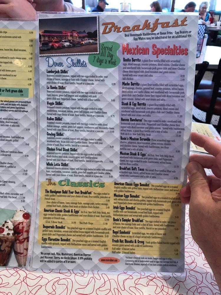 Menu at Rosie's Diner Aurora cafe, Aurora