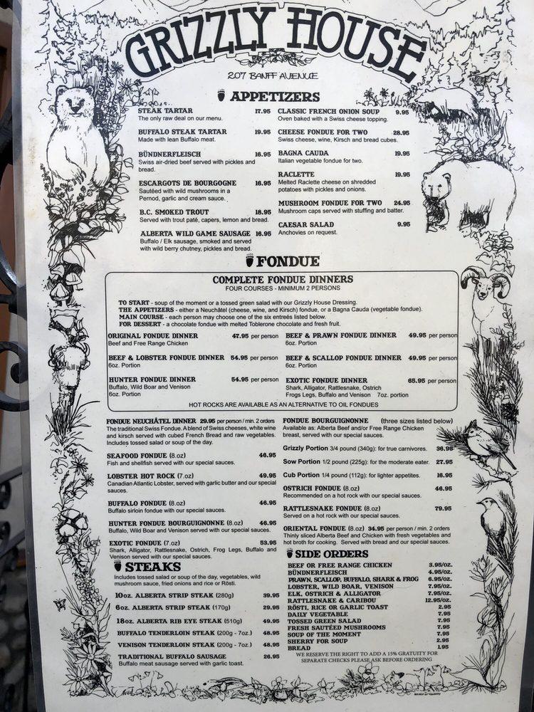 Menu at The Grizzly House restaurant, Banff