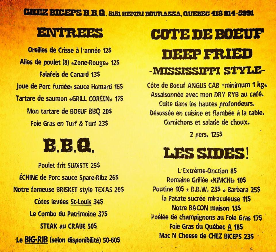 Carta de Chez Biceps BBQ, Quebec