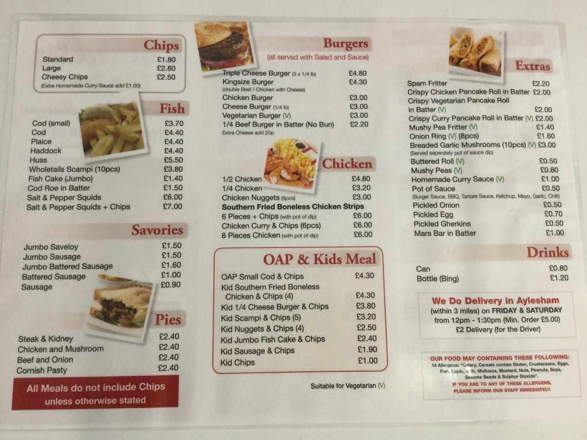 Menu at Cornwallis Fish Bar, Aylesham